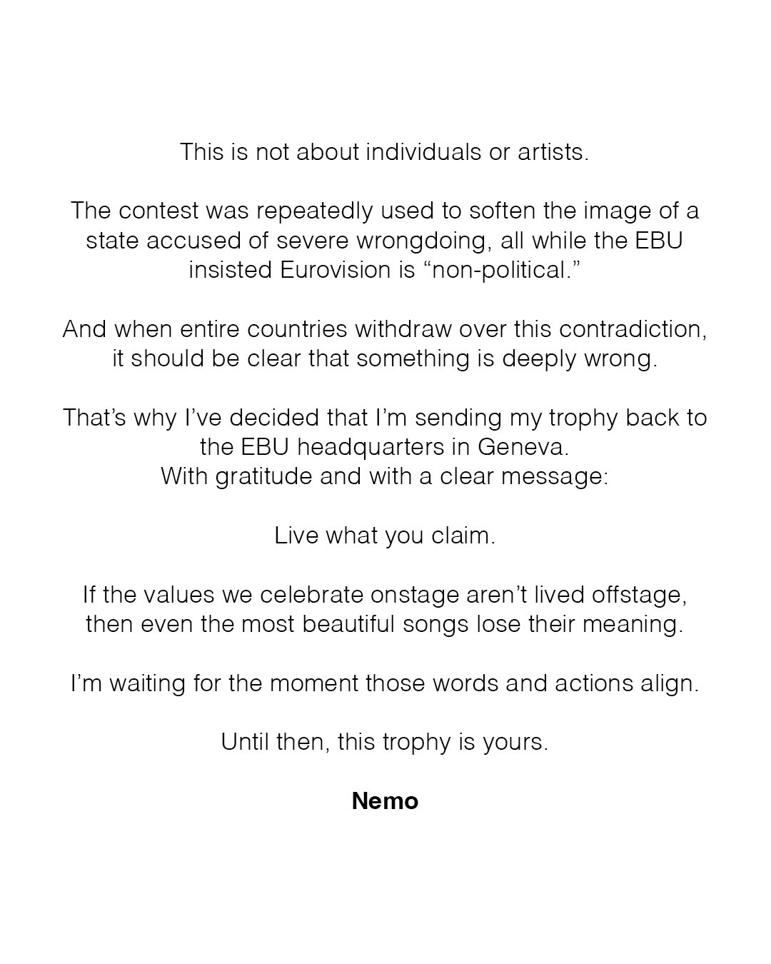 Eurovision 2024 winners Nemo returned their trophy to the EBU in ...